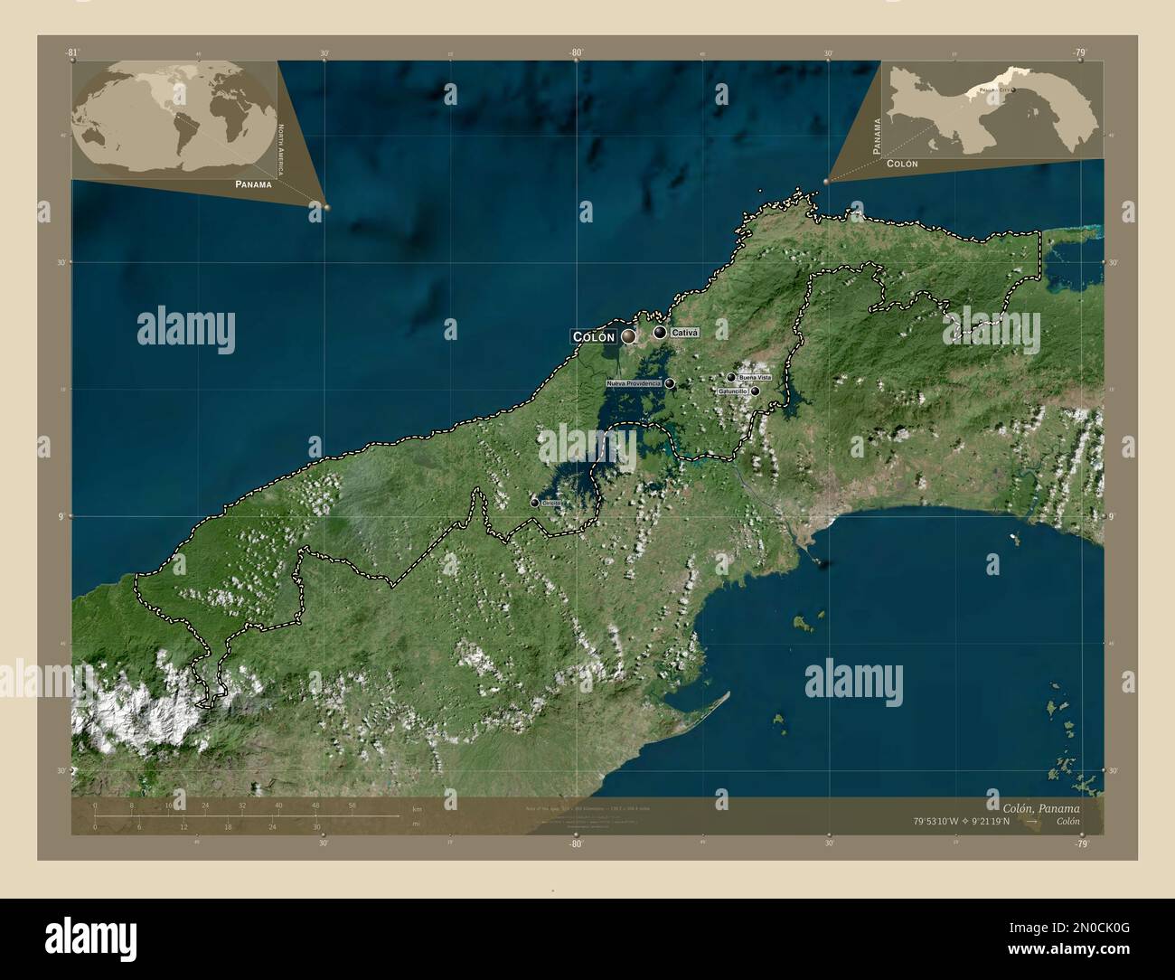 Colon, province of Panama. High resolution satellite map. Locations and ...