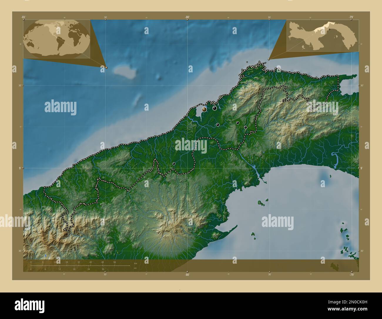Colon, province of Panama. Colored elevation map with lakes and rivers ...