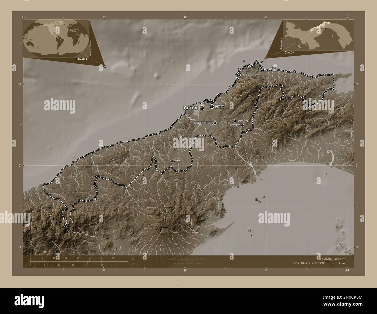 Colon, province of Panama. Elevation map colored in sepia tones with ...