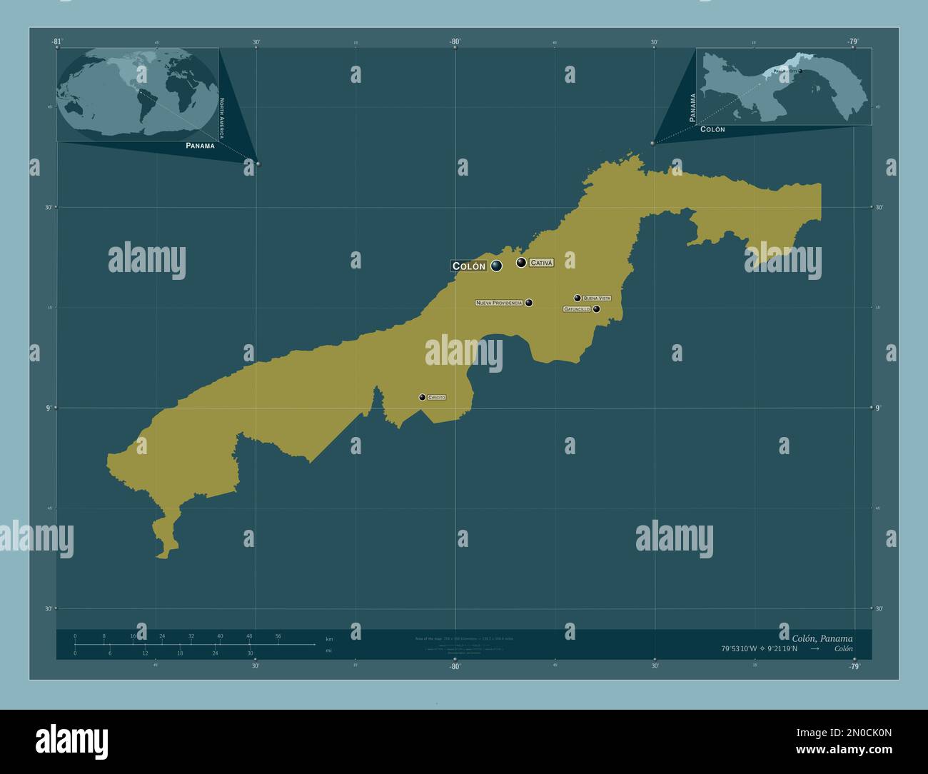 Colon, province of Panama. Solid color shape. Locations and names of ...