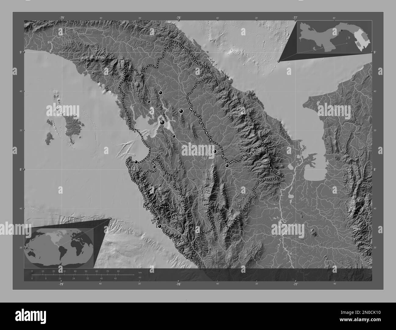 Darien, province of Panama. Bilevel elevation map with lakes and rivers ...