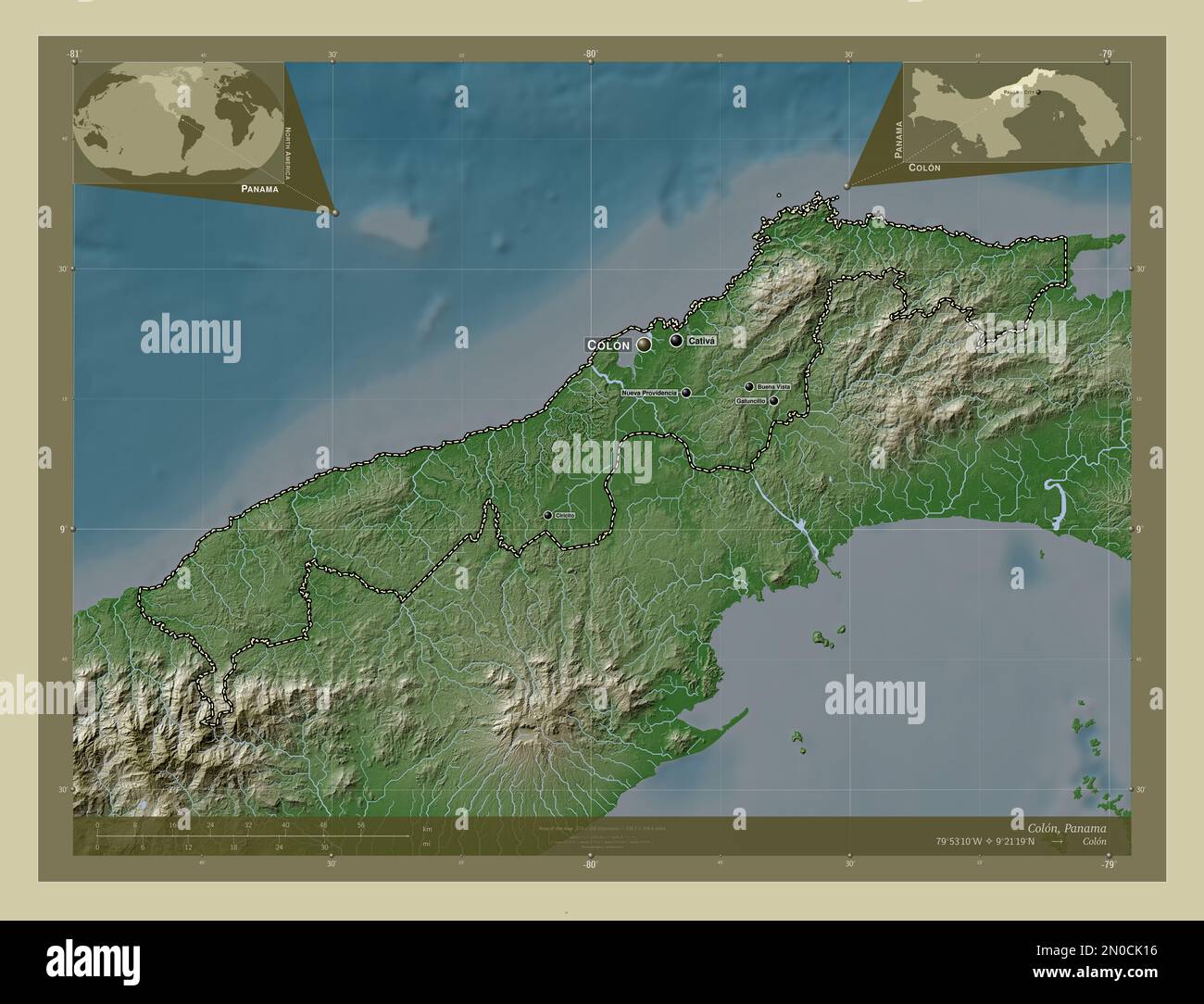 Colon, province of Panama. Elevation map colored in wiki style with ...