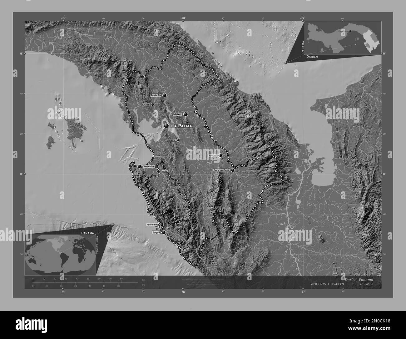 Darien, province of Panama. Bilevel elevation map with lakes and rivers ...