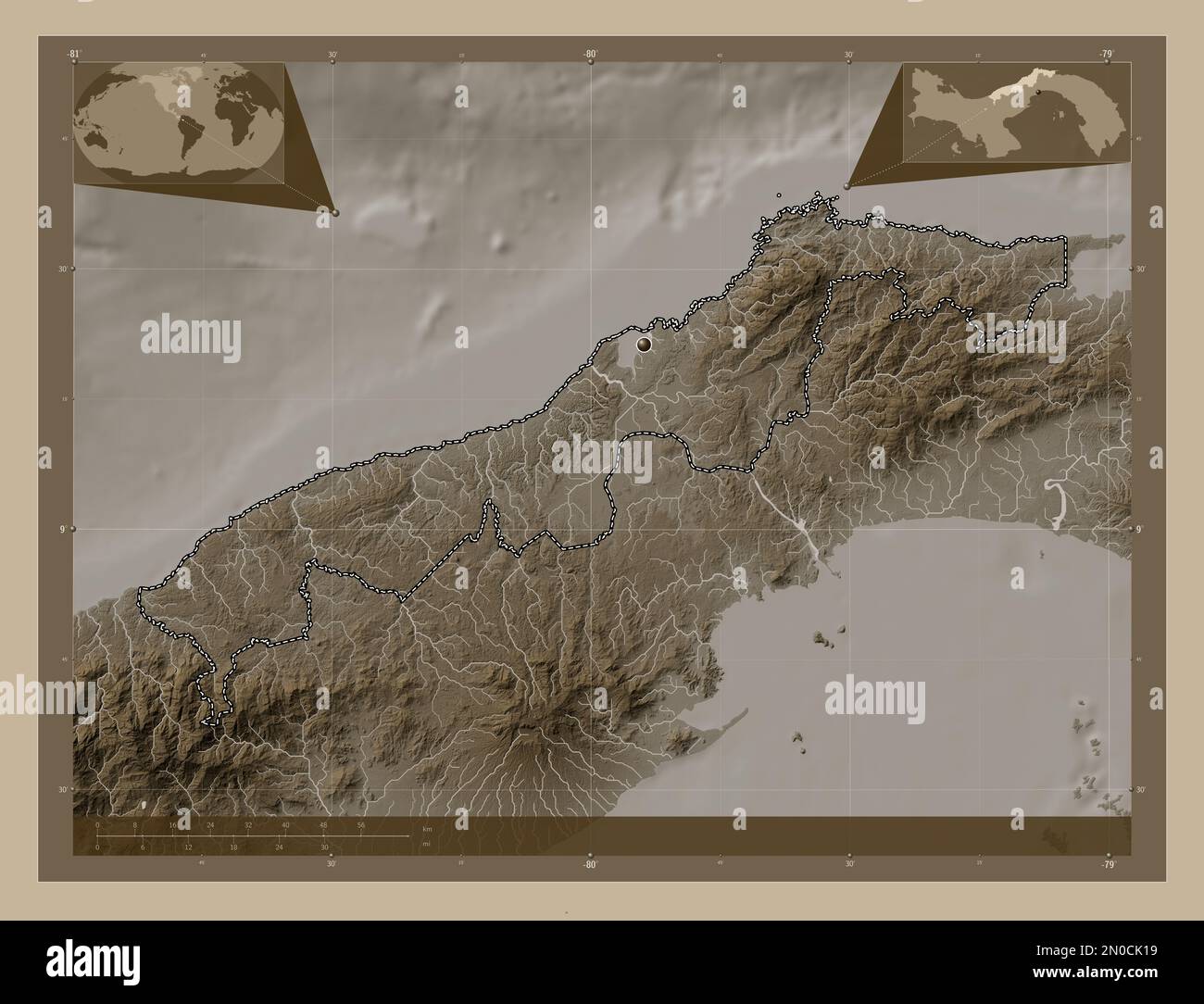 Colon, province of Panama. Elevation map colored in sepia tones with ...