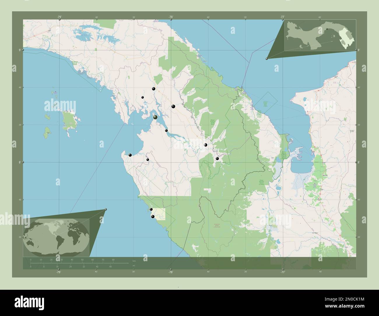 Darien, province of Panama. Open Street Map. Locations of major cities ...