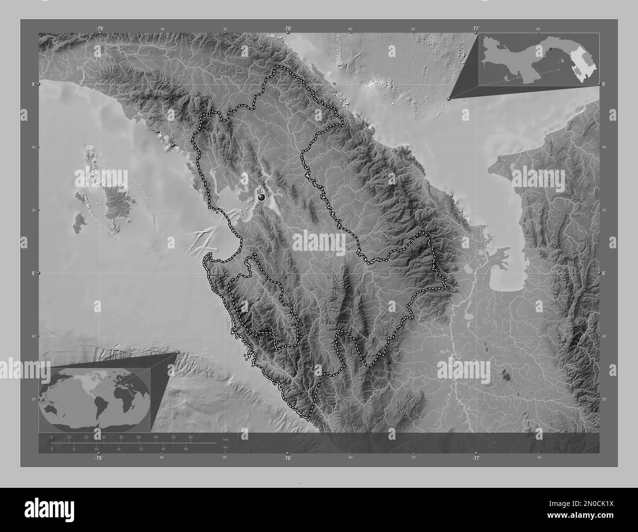 Darien, province of Panama. Grayscale elevation map with lakes and ...