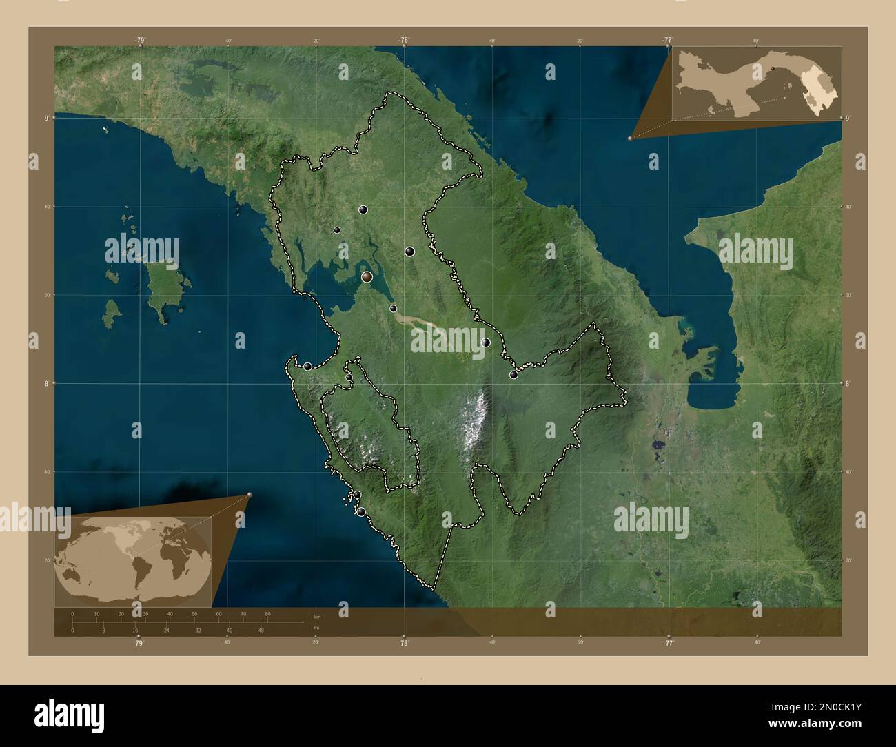 Darien, province of Panama. Low resolution satellite map. Locations of ...