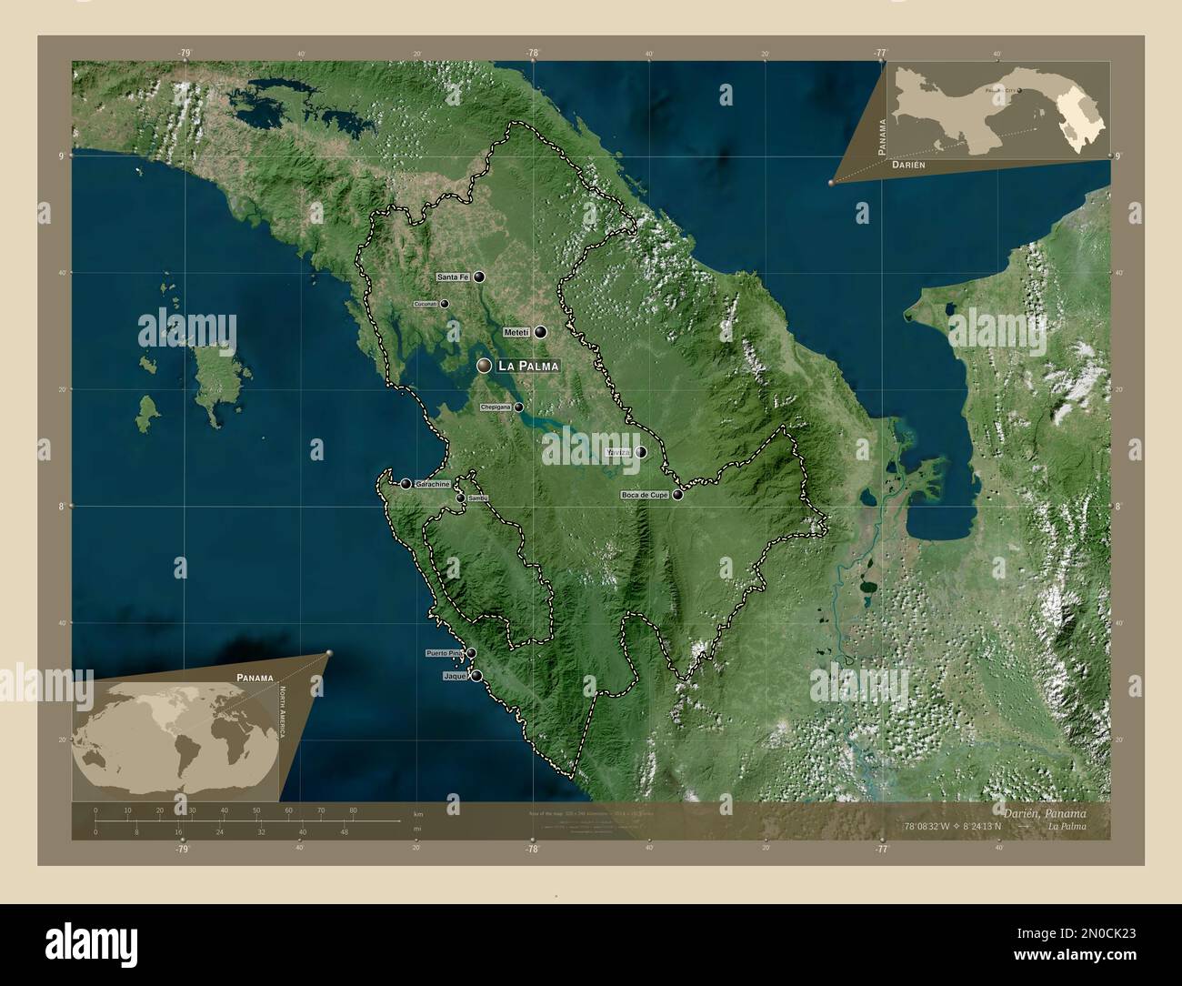 Darien, province of Panama. High resolution satellite map. Locations ...