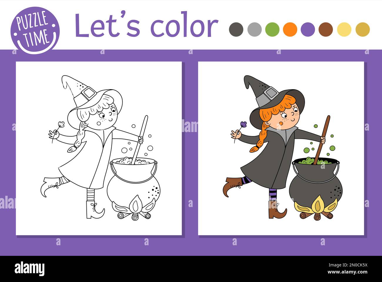 Halloween coloring page for children. Cute funny witch with cauldron ...