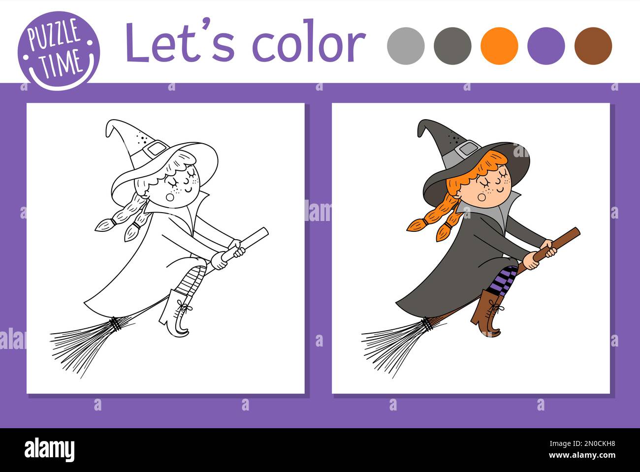 Halloween coloring page for children. Cute funny witch flying on the ...