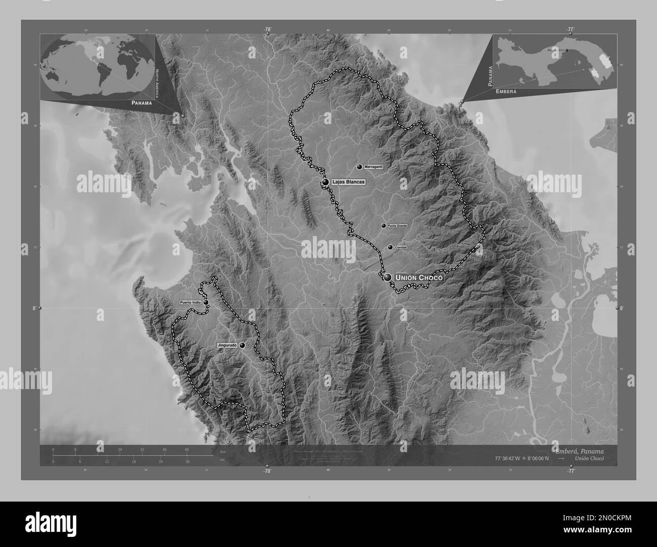 Embera, indigenous territory of Panama. Grayscale elevation map with ...