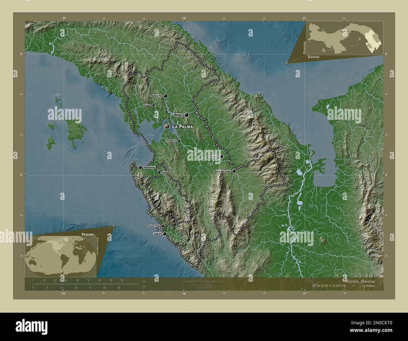 Darien, province of Panama. Elevation map colored in wiki style with ...