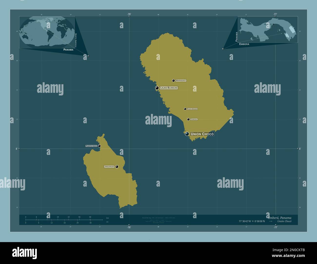 Embera, indigenous territory of Panama. Solid color shape. Locations ...