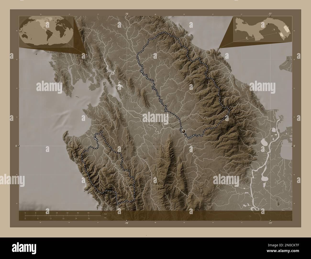 Embera, indigenous territory of Panama. Elevation map colored in sepia ...