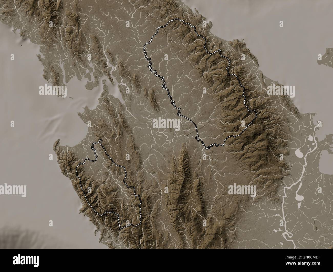 Embera, indigenous territory of Panama. Elevation map colored in sepia ...