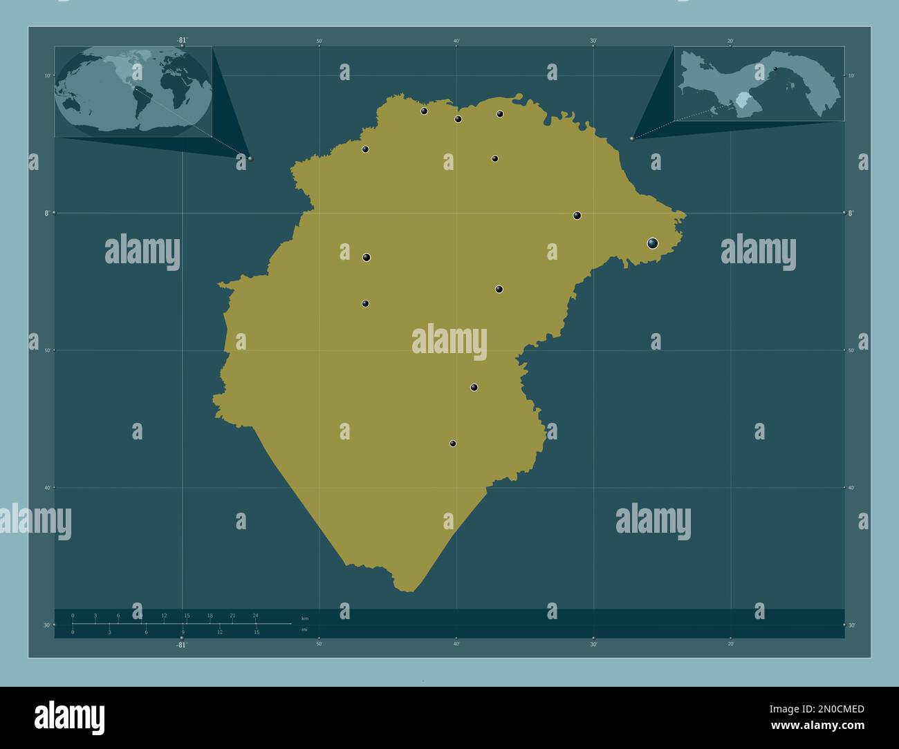 Herrera, province of Panama. Solid color shape. Locations of major ...