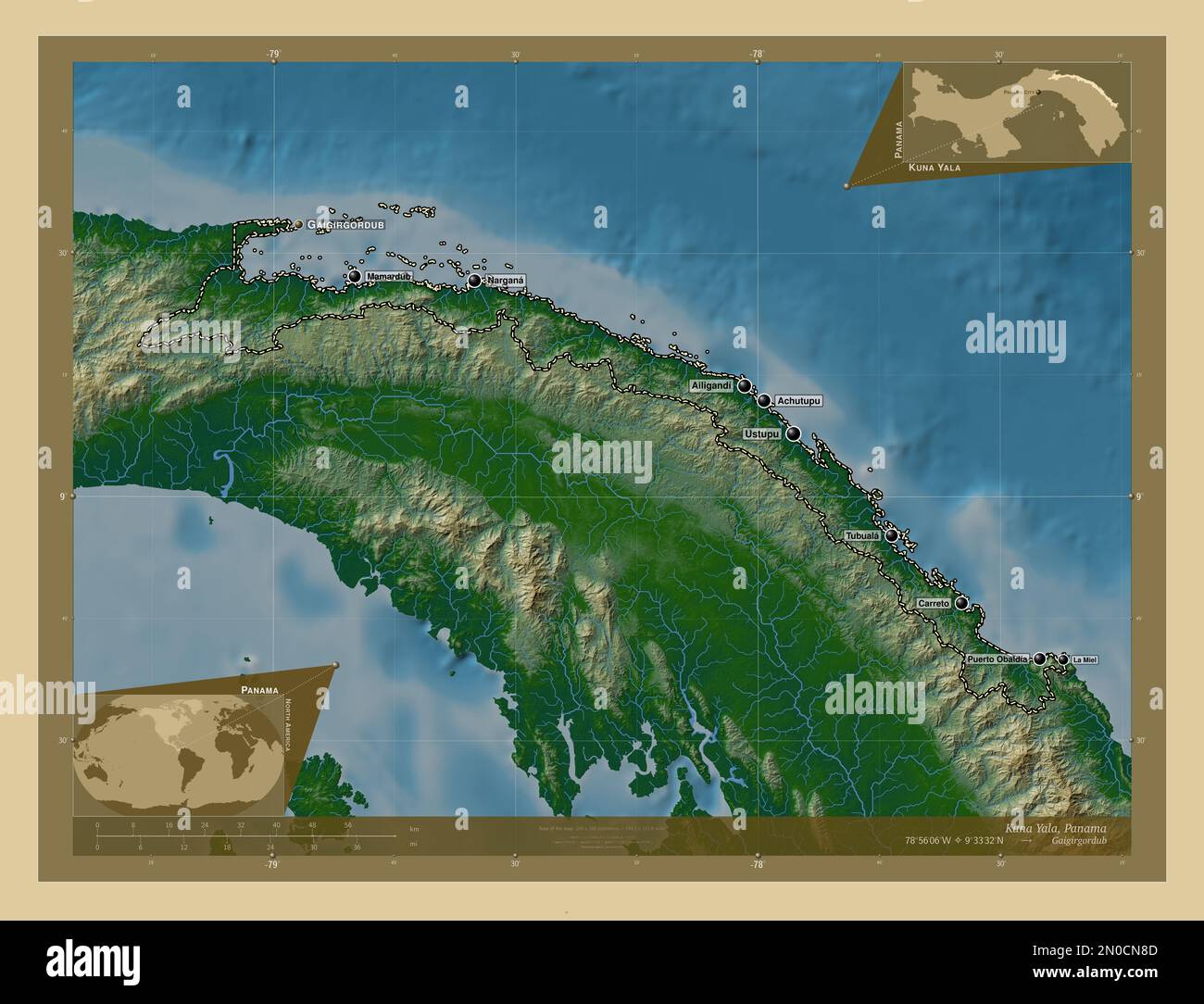 Kuna Yala, indigenous territory of Panama. Colored elevation map with ...