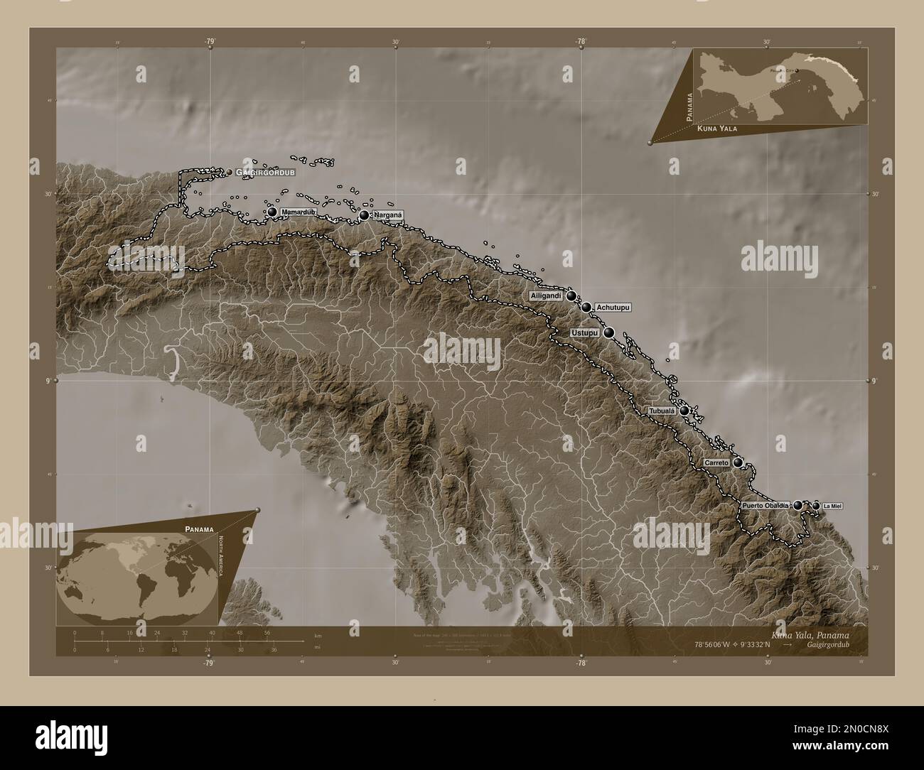 Kuna Yala, indigenous territory of Panama. Elevation map colored in ...