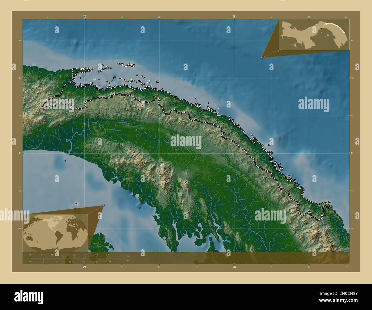 Kuna Yala, indigenous territory of Panama. Colored elevation map with ...