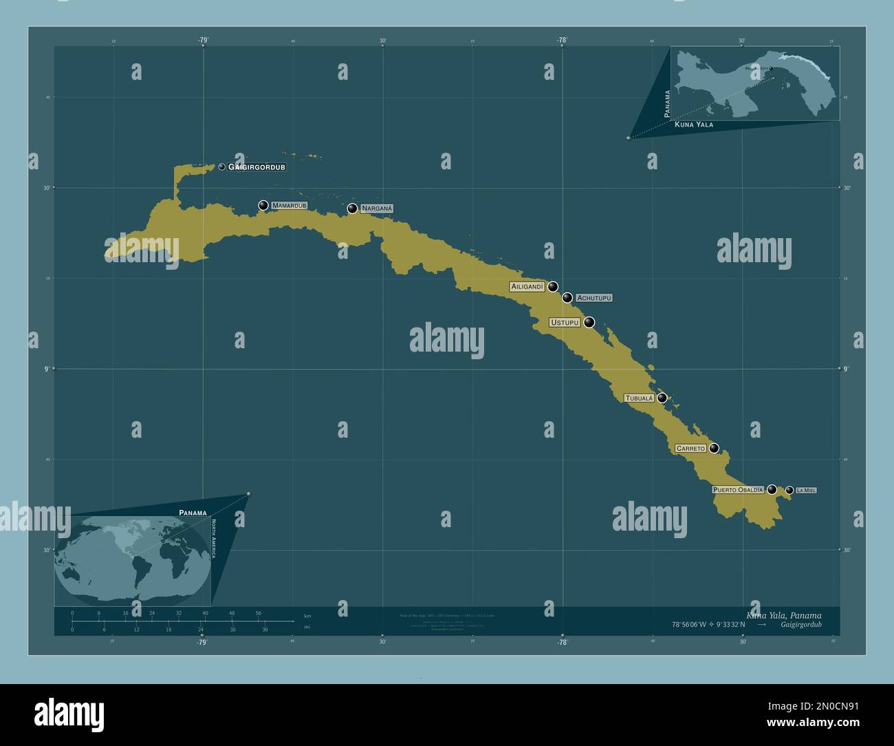 Kuna Yala, indigenous territory of Panama. Solid color shape. Locations ...