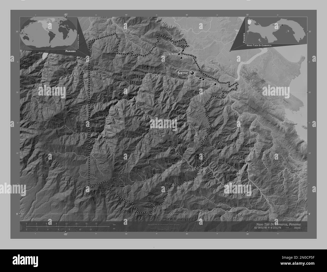 Naso Tjer Di Comarca, province of Panama. Grayscale elevation map with ...