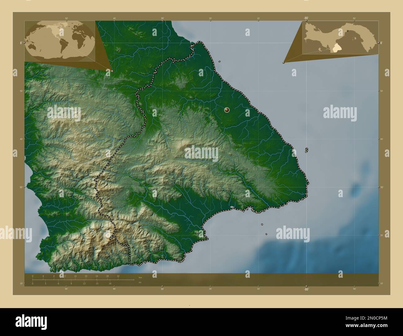 Los Santos, province of Panama. Colored elevation map with lakes and ...