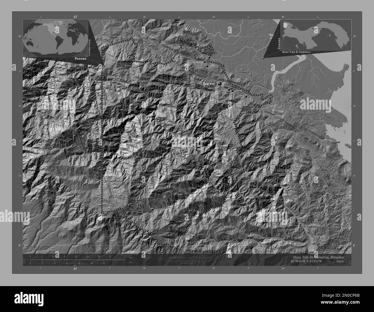 Naso Tjer Di Comarca, province of Panama. Bilevel elevation map with ...