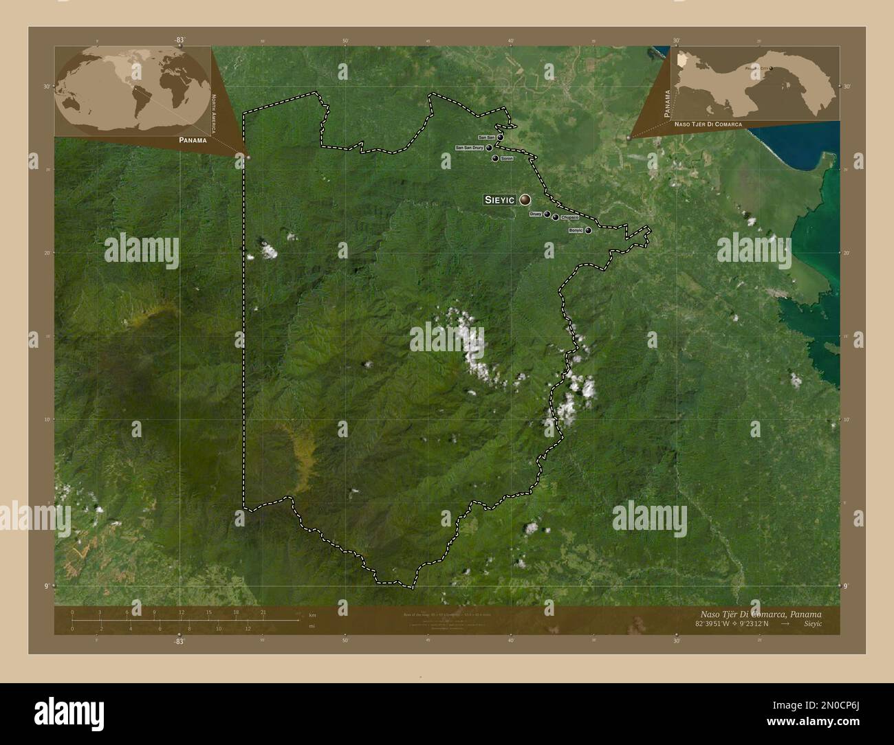 Naso Tjer Di Comarca, province of Panama. Low resolution satellite map ...