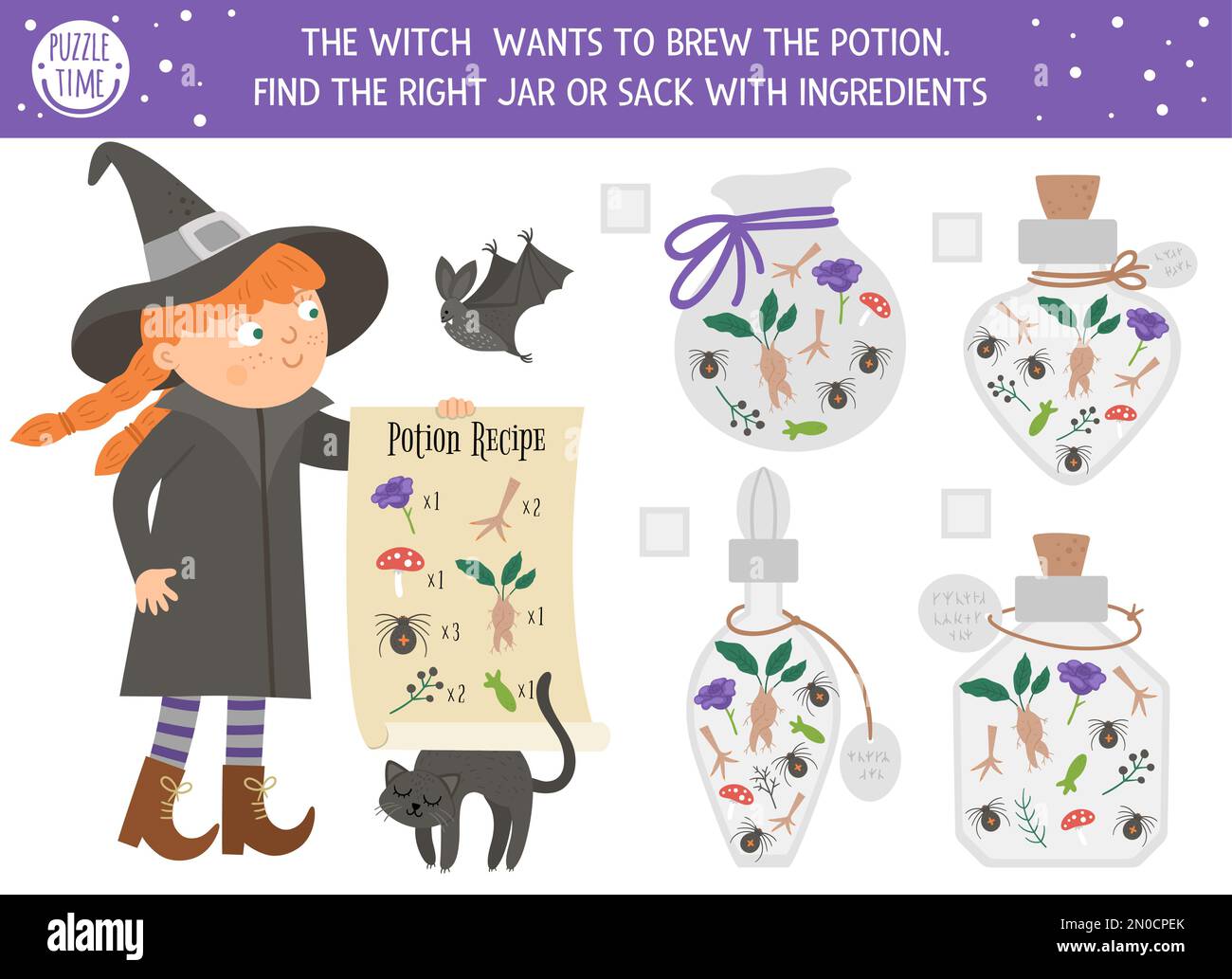 Halloween matching game with witch and potion ingredients. Autumn math ...