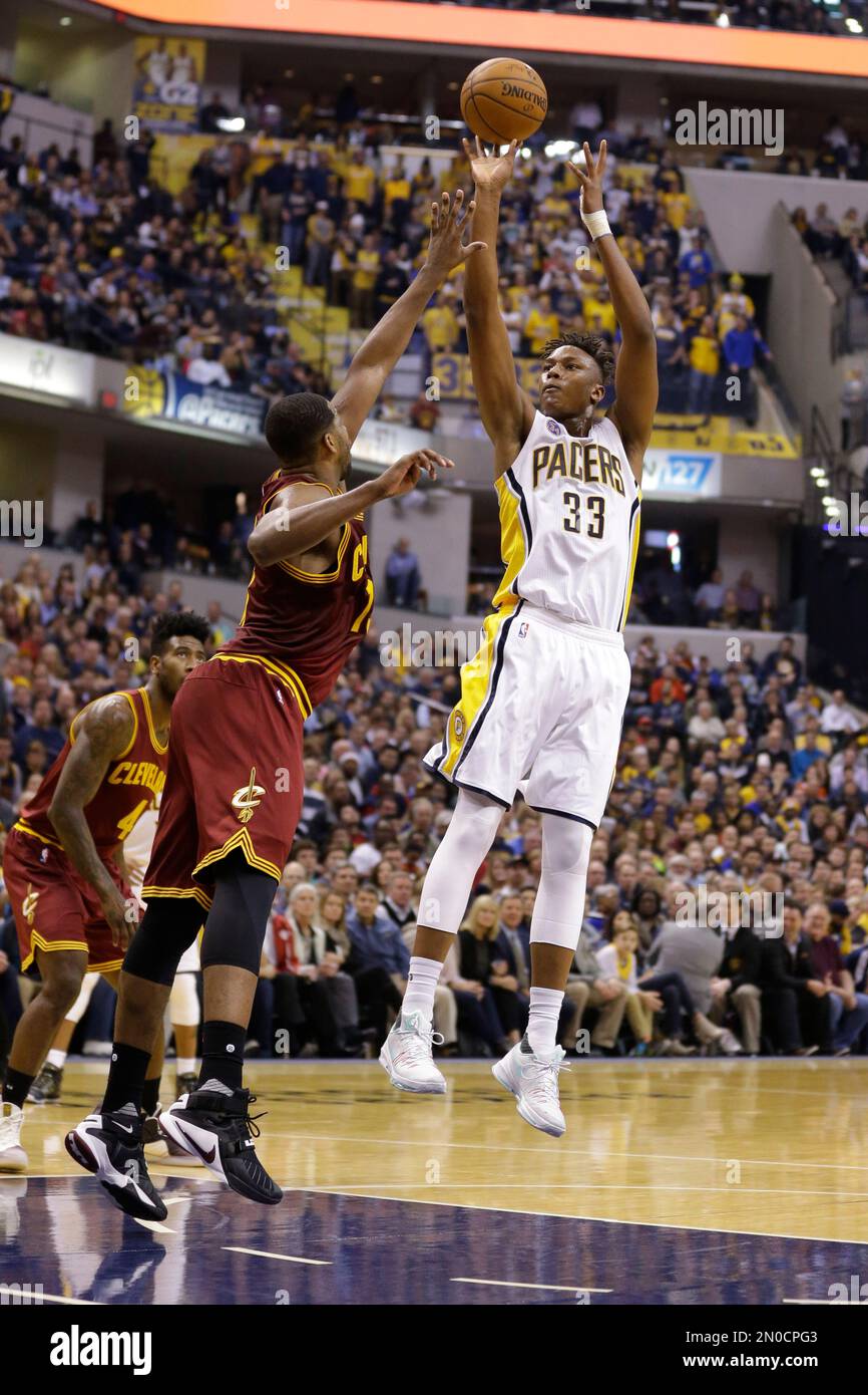 Indiana Pacers forward Myles Turner (33) shoots over Cleveland ...