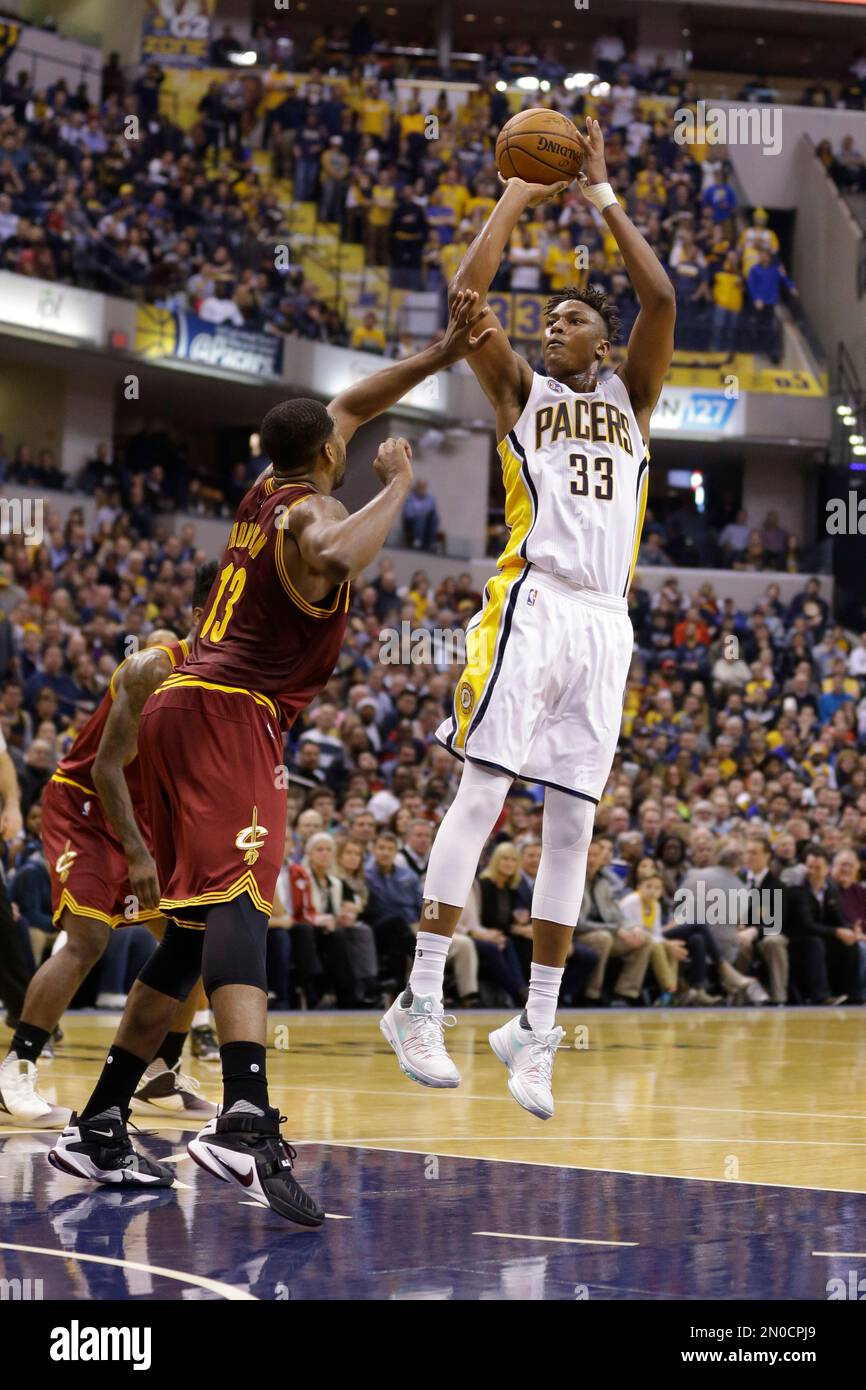 Indiana Pacers forward Myles Turner (33) shoots over Cleveland ...