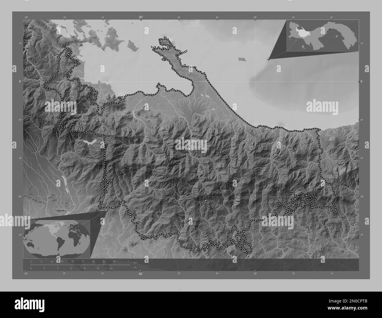 Ngobe Bugle, indigenous territory of Panama. Grayscale elevation map with lakes and rivers ...