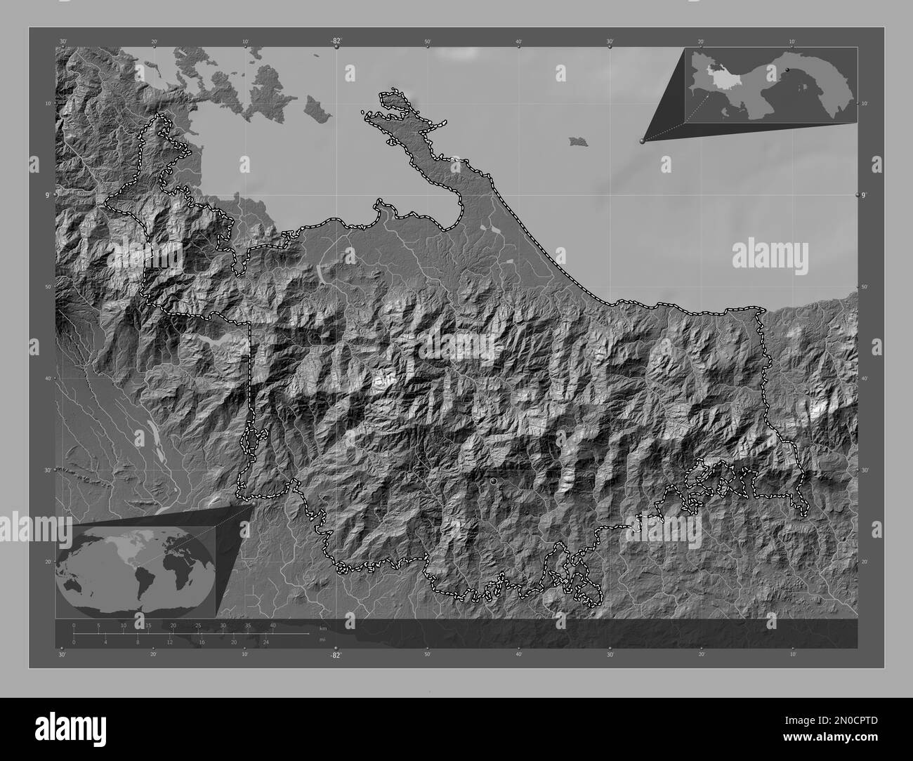 Ngobe Bugle, indigenous territory of Panama. Bilevel elevation map with ...