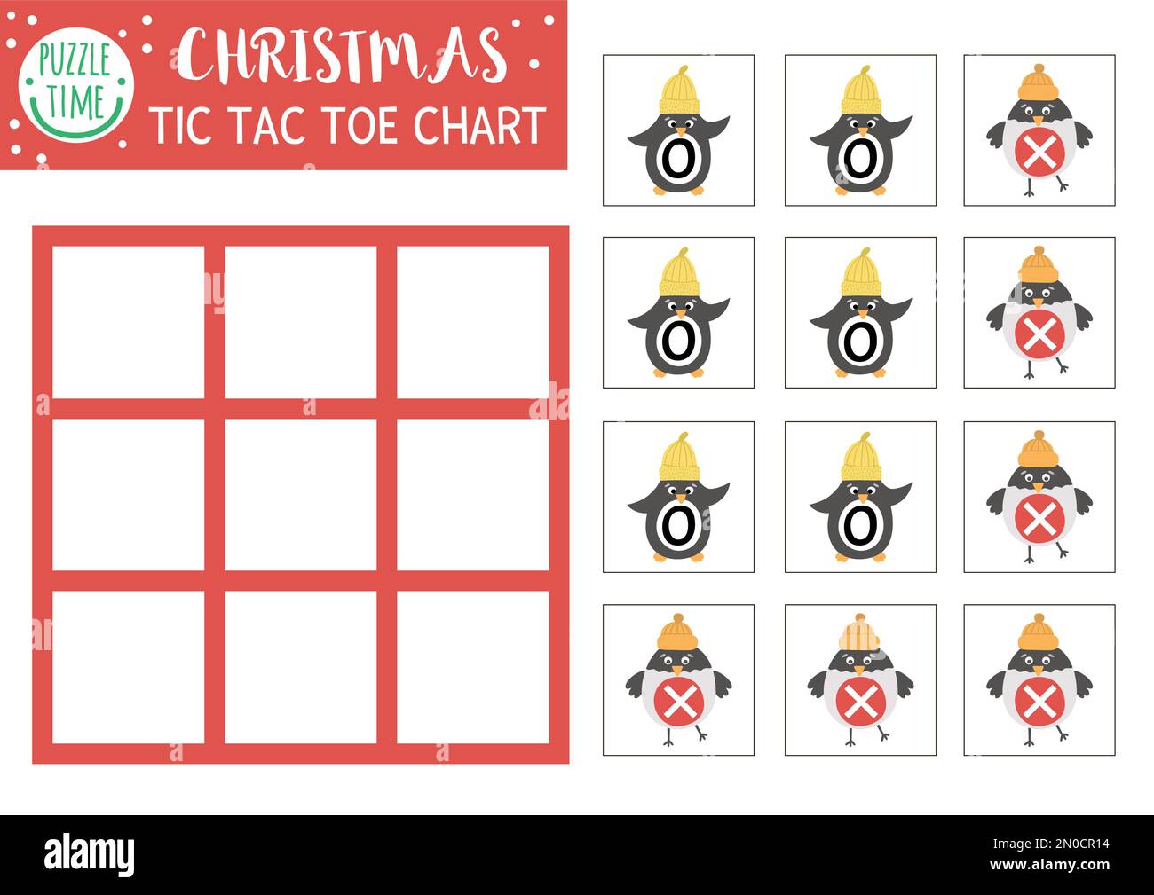 Vector Christmas tic tac toe chart with cute penguin and bullfinch ...