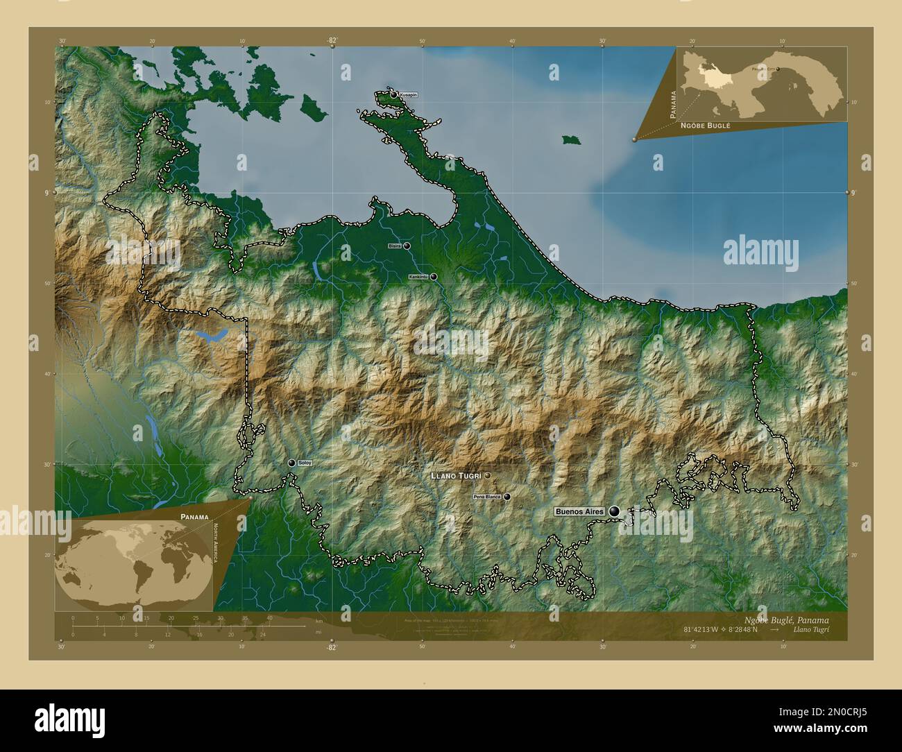 Ngobe Bugle, indigenous territory of Panama. Colored elevation map with ...