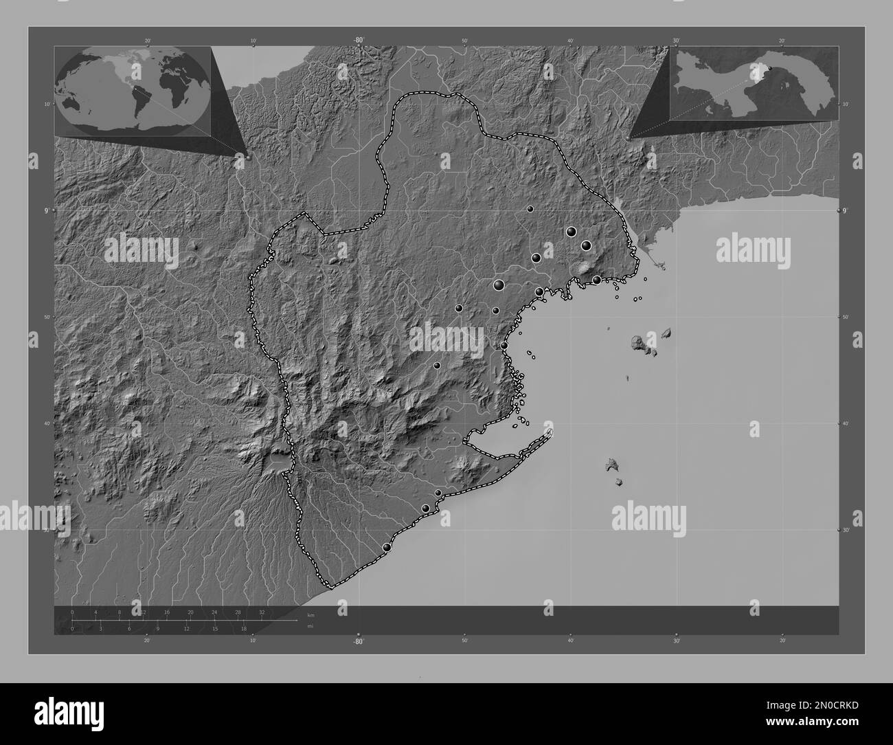 Panama Oeste, province of Panama. Bilevel elevation map with lakes and ...
