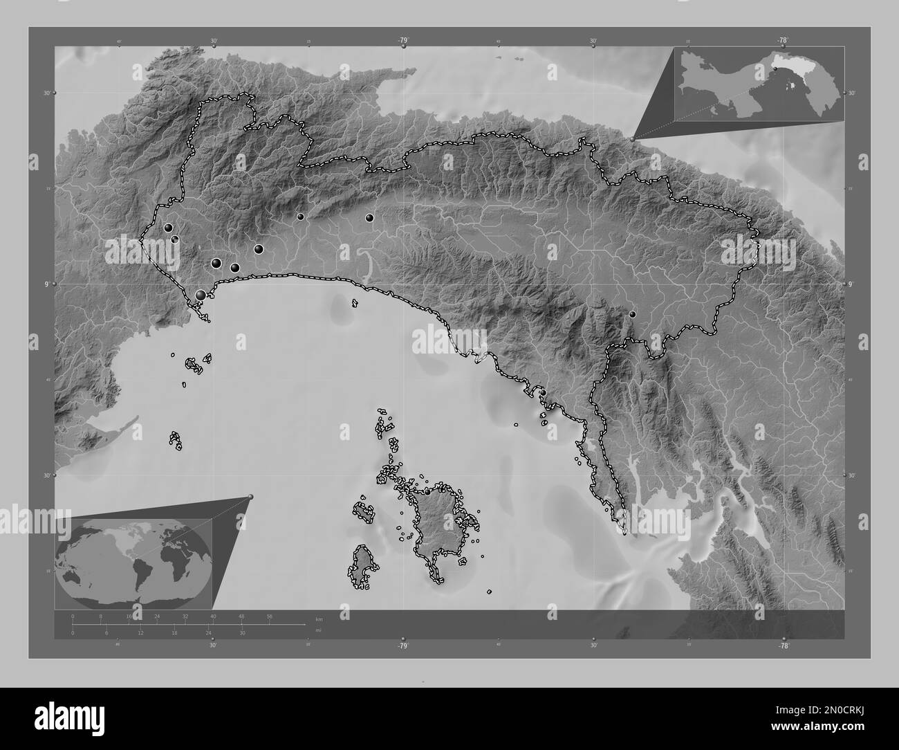 Panama, province of Panama. Grayscale elevation map with lakes and ...