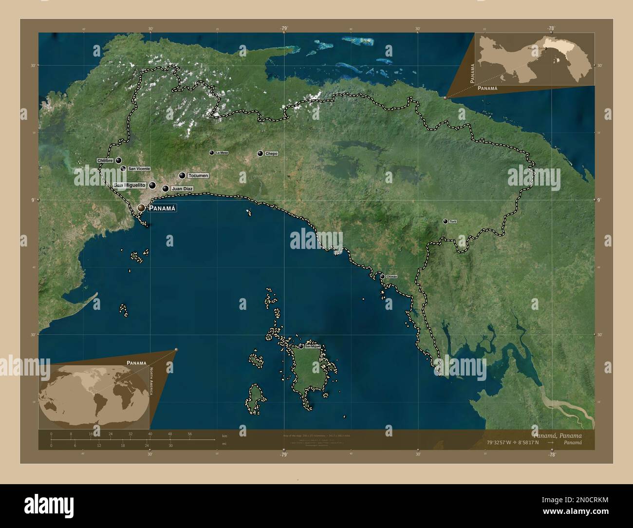 Panama, province of Panama. Low resolution satellite map. Locations and ...