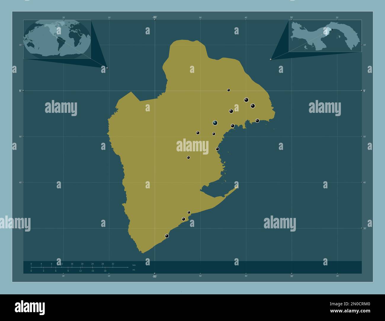 Panama Oeste, province of Panama. Solid color shape. Locations of major ...