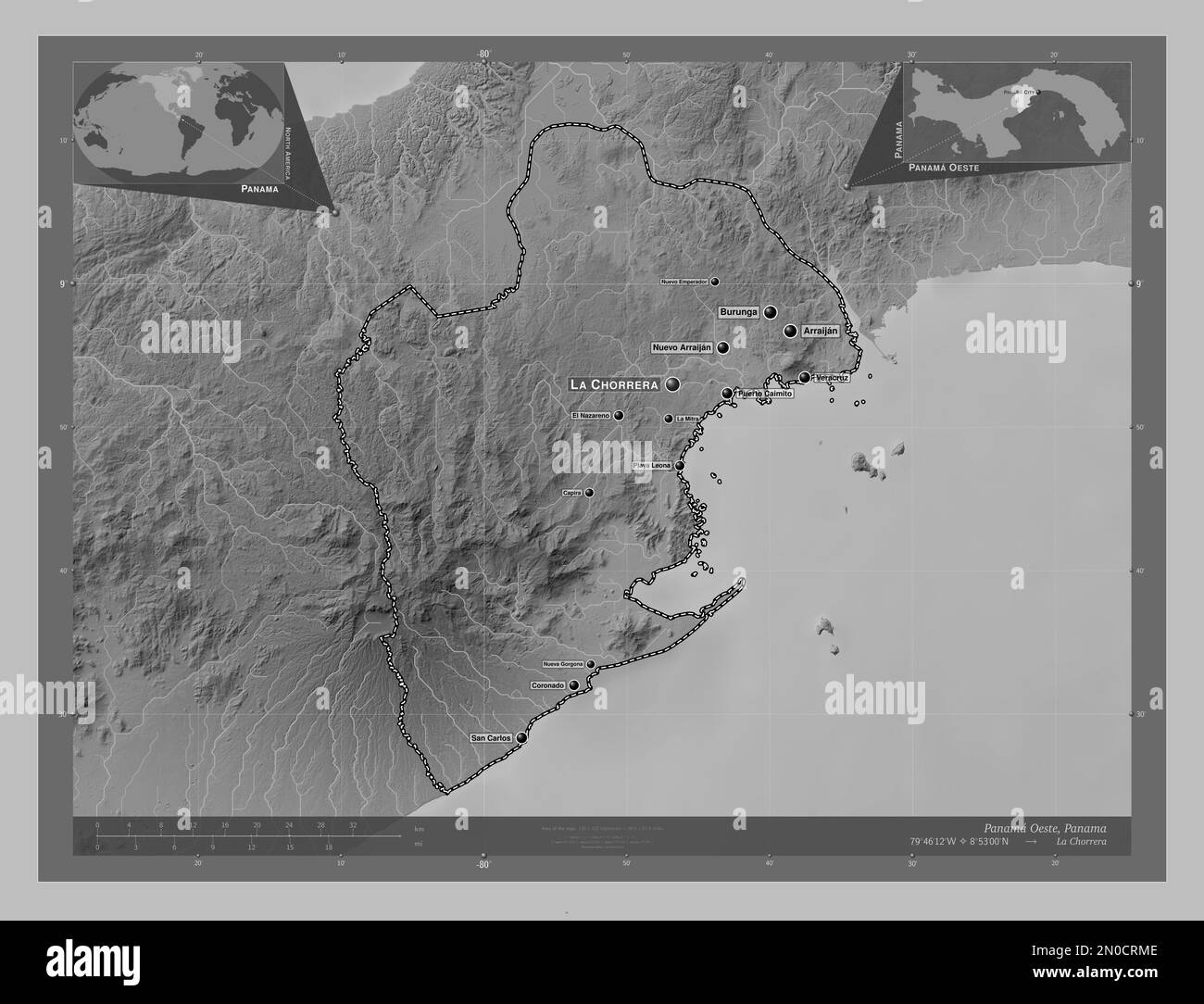 Panama Oeste, province of Panama. Grayscale elevation map with lakes ...