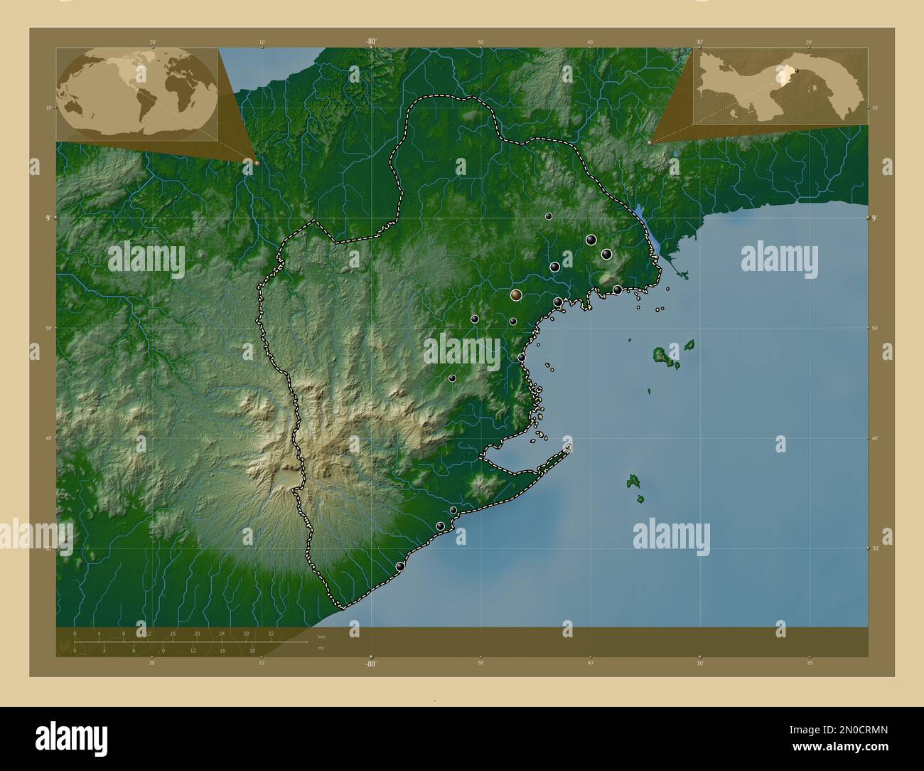 Panama Oeste, province of Panama. Colored elevation map with lakes and ...