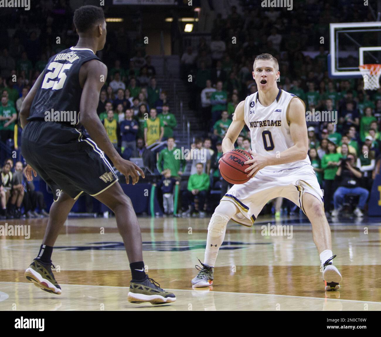 Notre Dame’s Rex Pflueger (0) looks to pass around Wake Forest’s ...