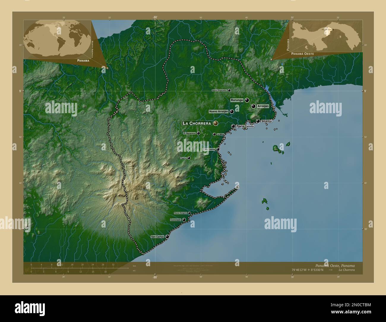Panama Oeste, province of Panama. Colored elevation map with lakes and ...
