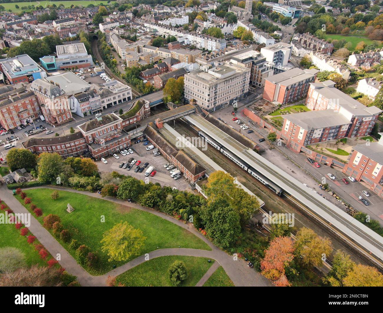 an aerial view of the centre of Exeter City showing Exeter Central ...