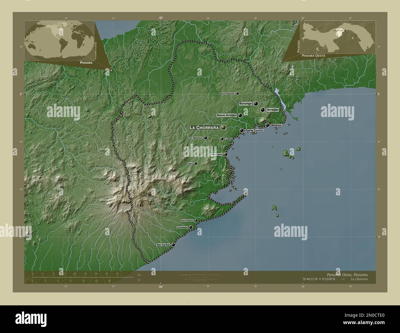 Panama Oeste, province of Panama. Elevation map colored in wiki style ...
