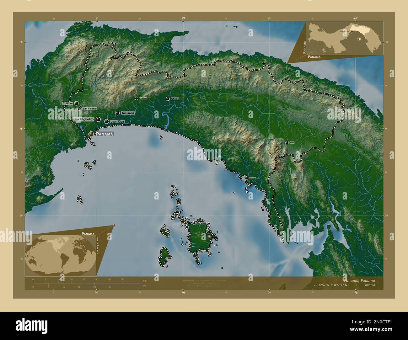 Panama, province of Panama. Colored elevation map with lakes and rivers ...