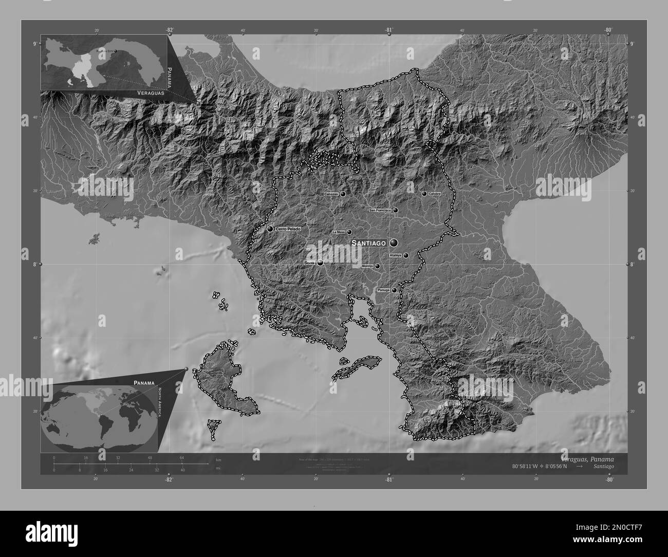 Veraguas, province of Panama. Bilevel elevation map with lakes and ...