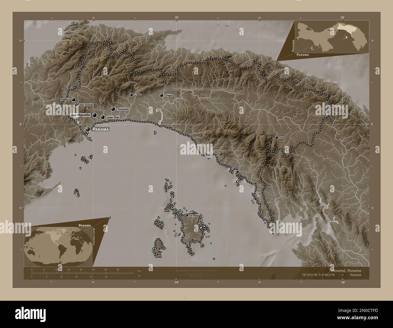 Panama, province of Panama. Elevation map colored in sepia tones with ...