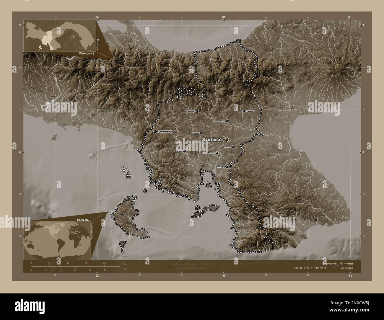 Veraguas, province of Panama. Elevation map colored in sepia tones with ...