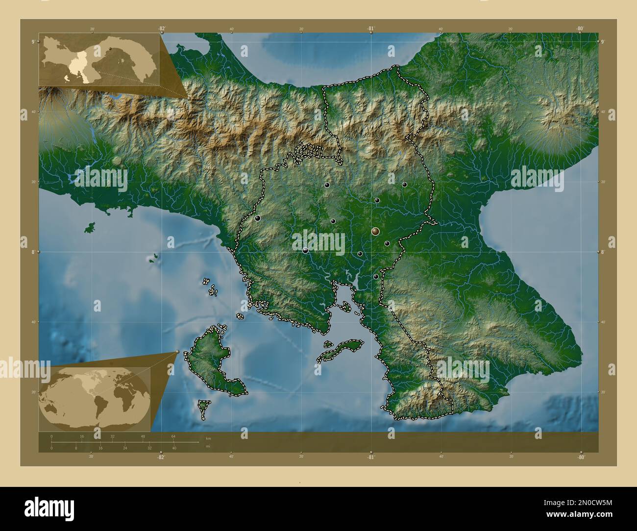 Veraguas, province of Panama. Colored elevation map with lakes and ...